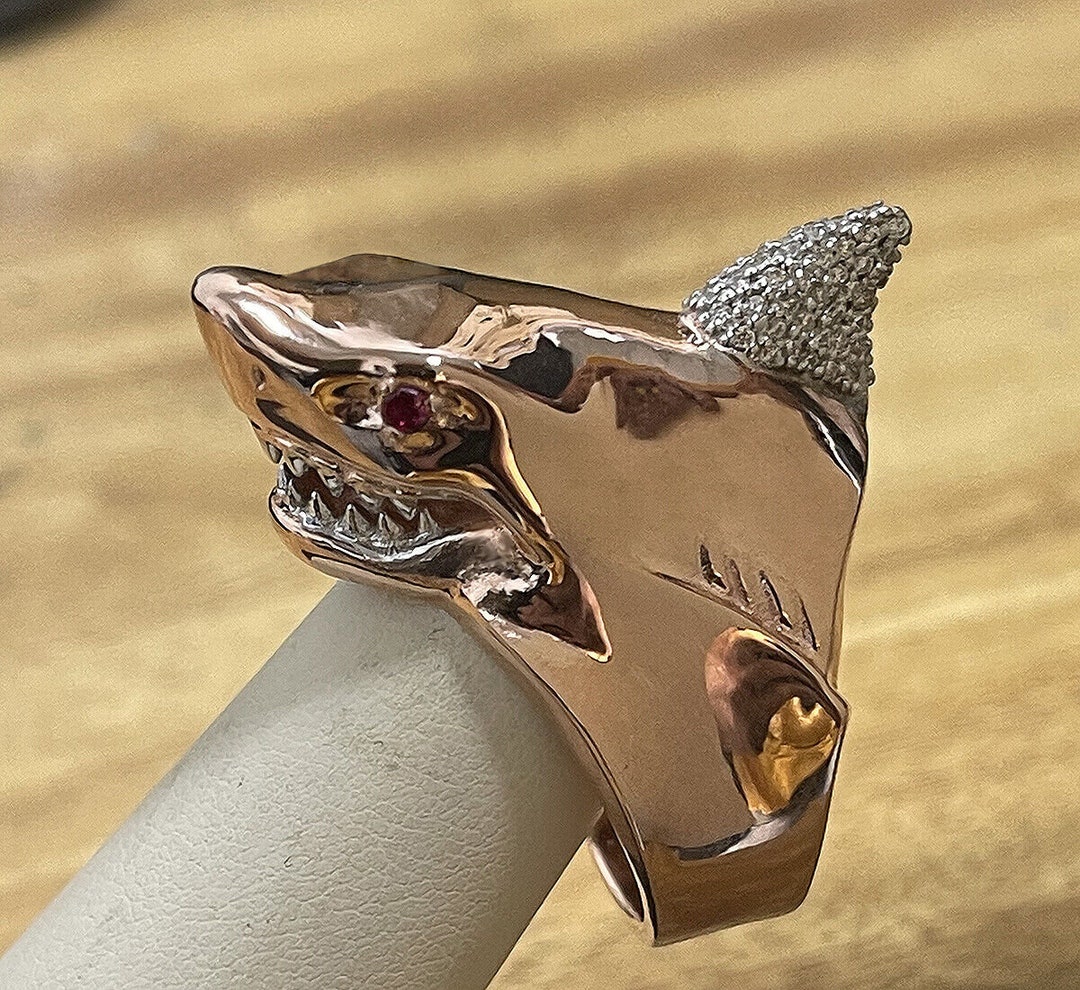 Impressive Large Solid 14K Rose Gold Shark Ring With VS Diamonds and ...