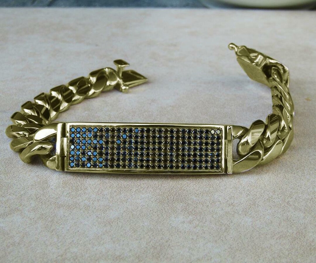 Solid 14K Gold Miami Cuban Curb Link Bracelet Black Diamonds 13mm 8.25 ...