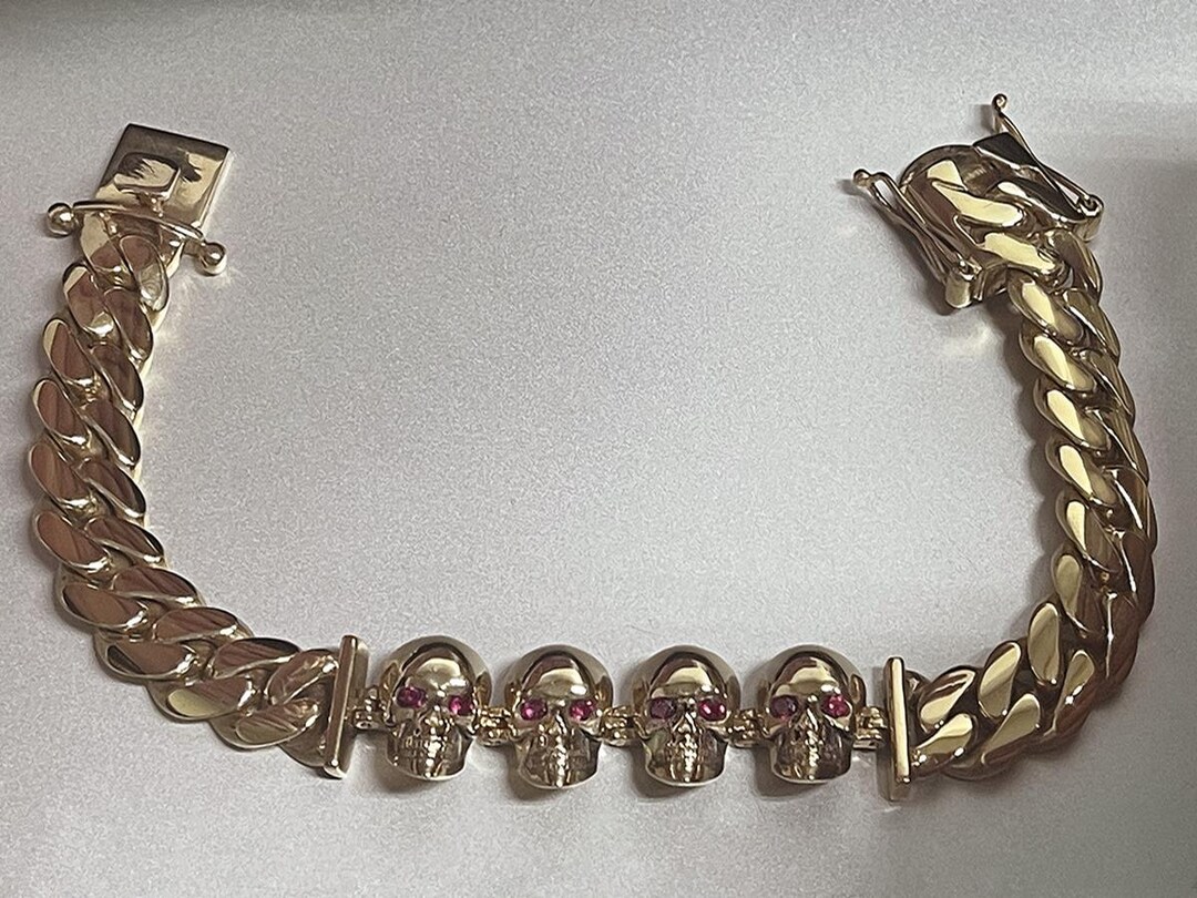 Solid 14K Gold Miami Cuban Link Bracelet With Skulls Genuine Rubies ...