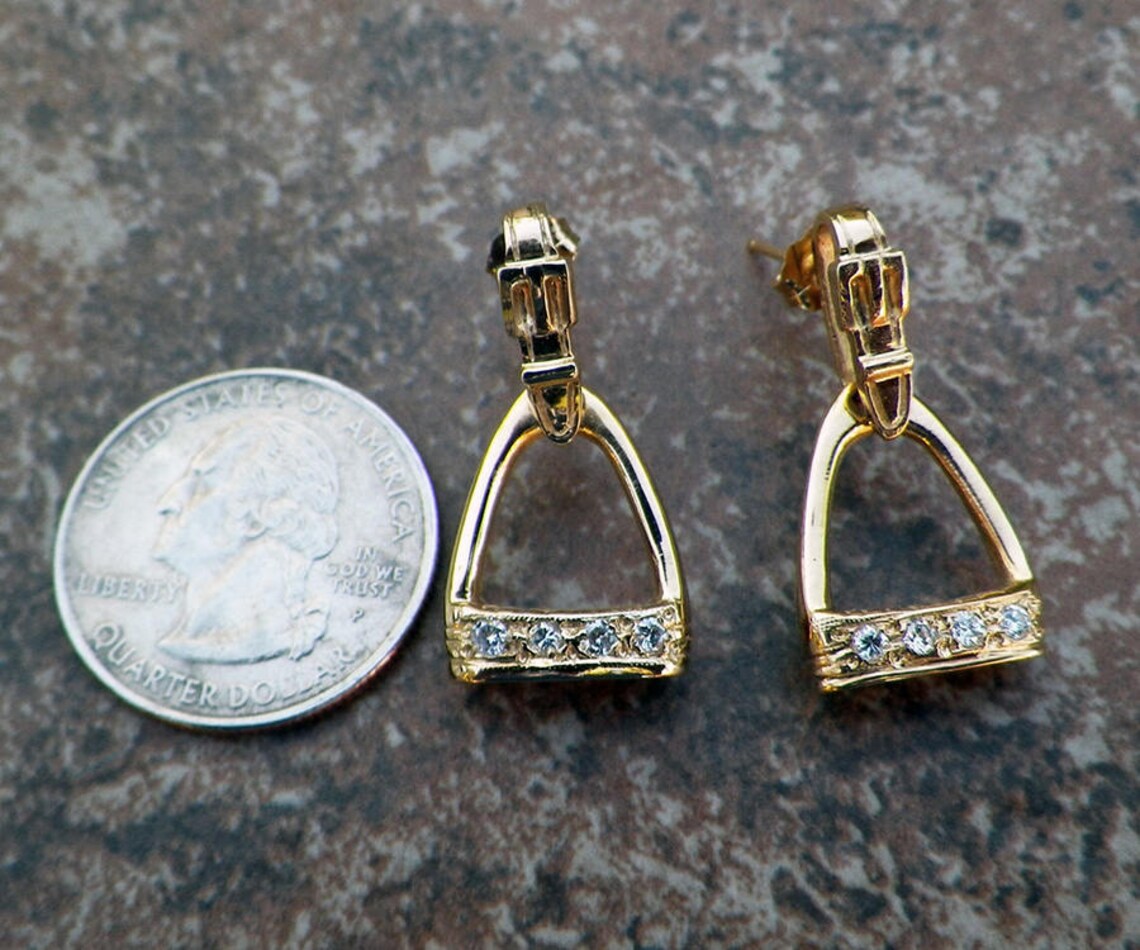 Solid 14K Gold 0.24ctw VS Diamonds Equestrian Horse Stirrups Earrings ...