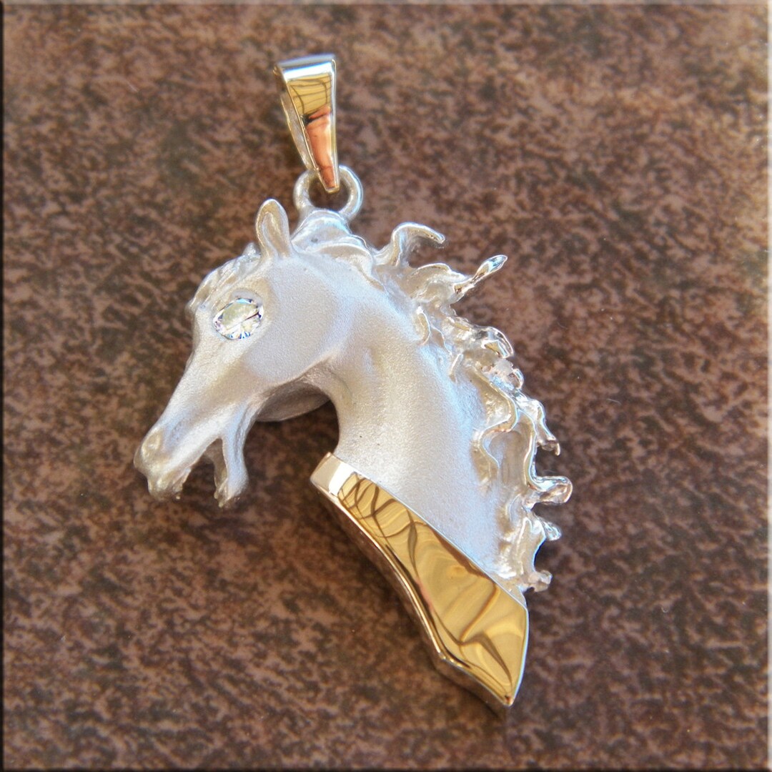 Beautiful Satin Sterling Silver & Solid 14K Gold SI1 Diamond Horse Head ...