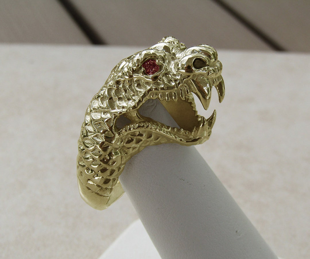 Solid 14K Gold Viper Serpent Cobra Snake Ring VS1 Red Diamonds Biker ...