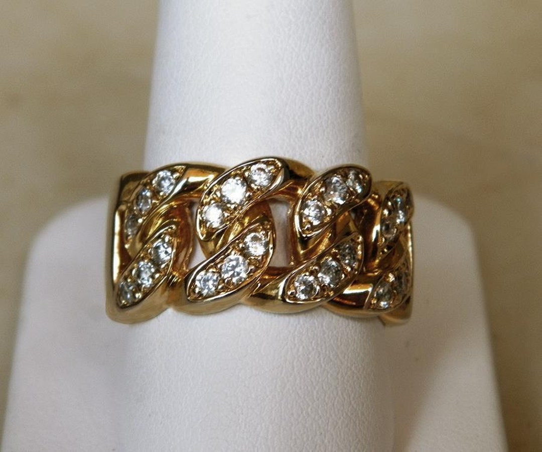 Solid 14K Gold Curb Cuban Link Mens Ring With 0.88ct SI1 H Color ...