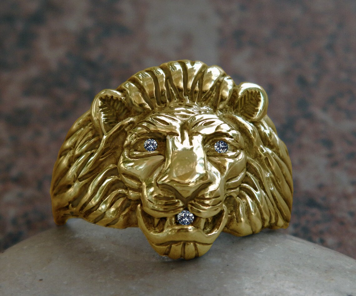 Solid 14K Gold Lion Ring VS1 Quality Diamonds All Sizes 11.6 Mens Women ...