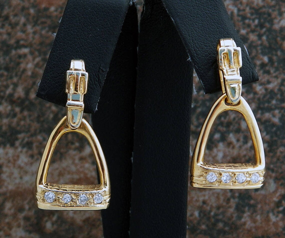 Solid 14K Gold 0.24ctw VS Diamonds Equestrian Horse Stirrups Earrings ...