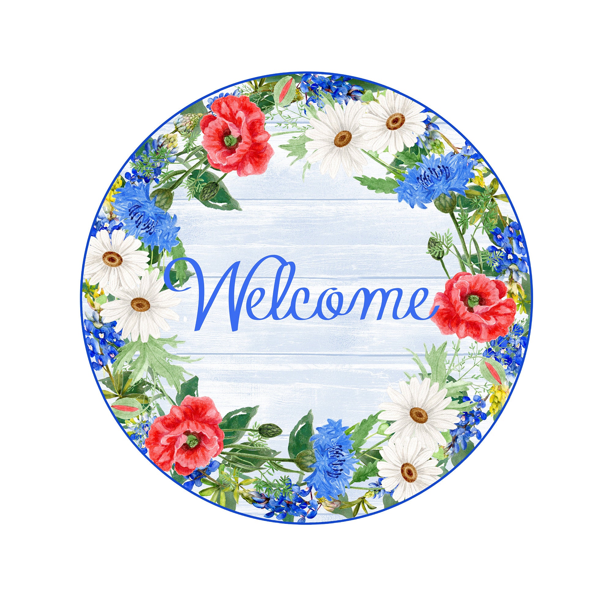 Red White Blue Flowers Metal Sign, Welcome Sign, Summer Wall Hanger ...