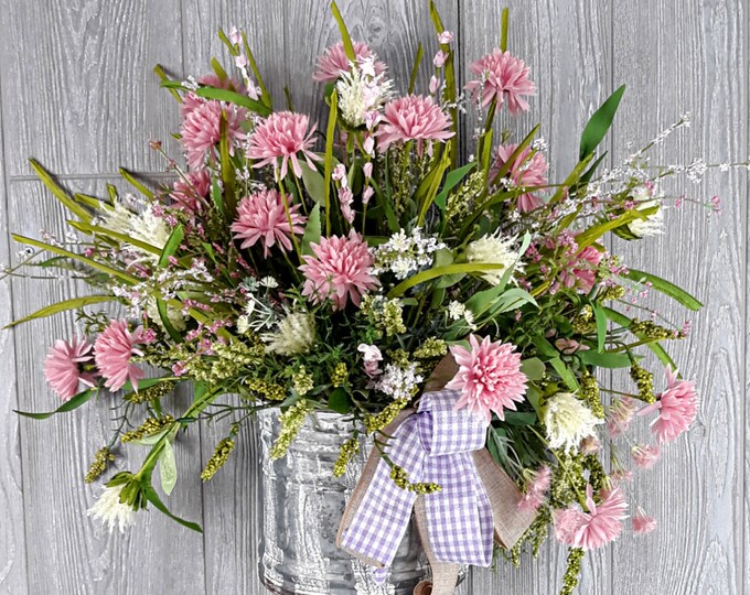 Spring Flowers in Wall Pocket, Floral Wall Hanger, Floral Door Decor ...