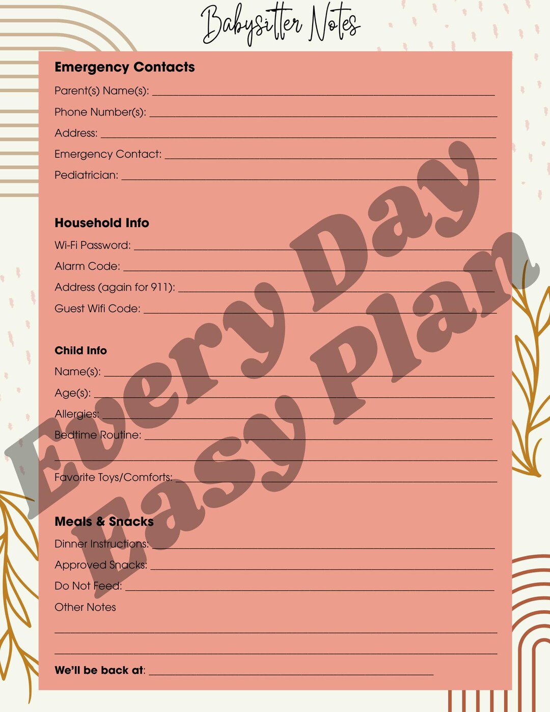 Editable Babysitter Notes Template – Printable Emergency Contact Sheet ...