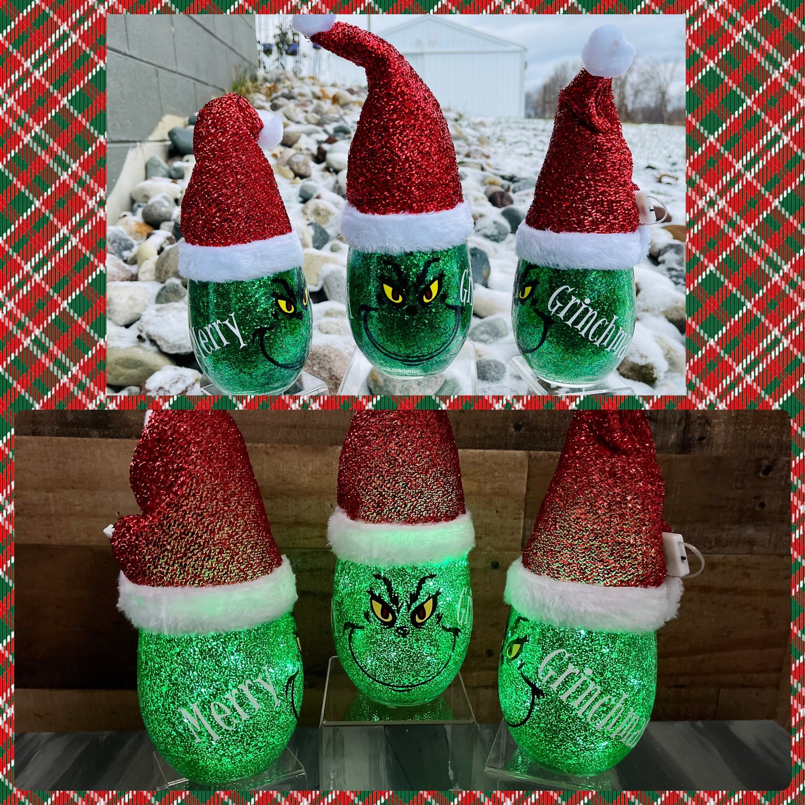 Merry Grinchmas/ Grinch Sparkle Glass Decor With Green Lights and a ...