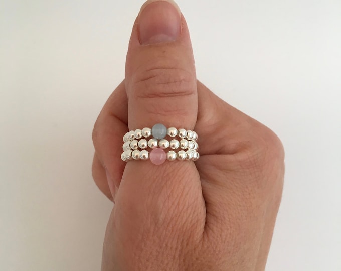 Sterling Silver Stacking Rings, Elasticated Birthstone Ring, Silver ...