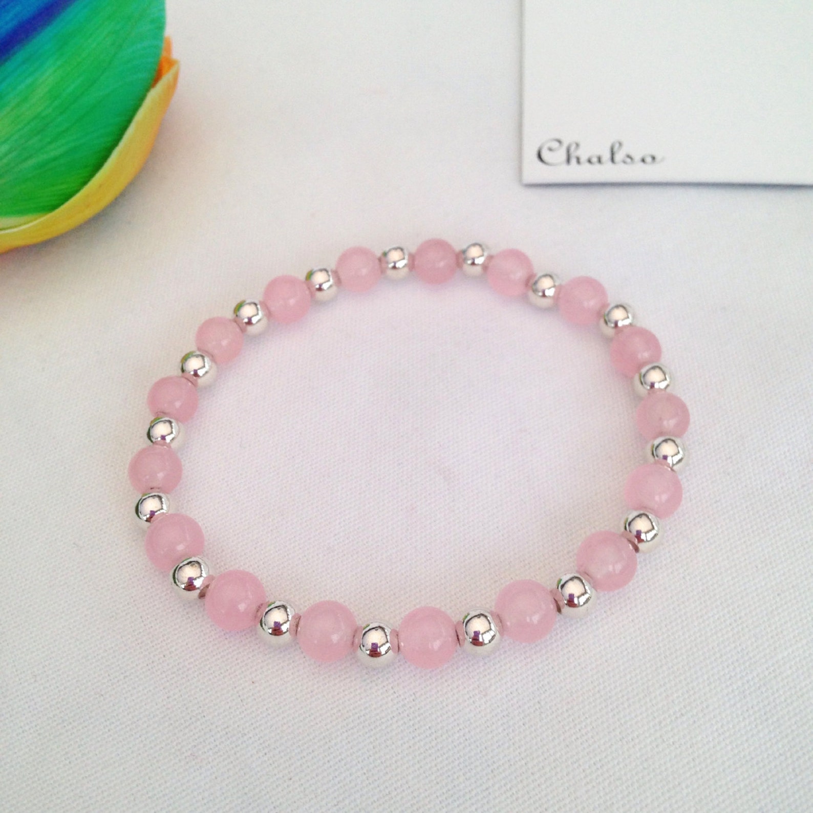 Rose Quartz Bracelet With Sterling Silver, Pink and Silver Bracelet ...