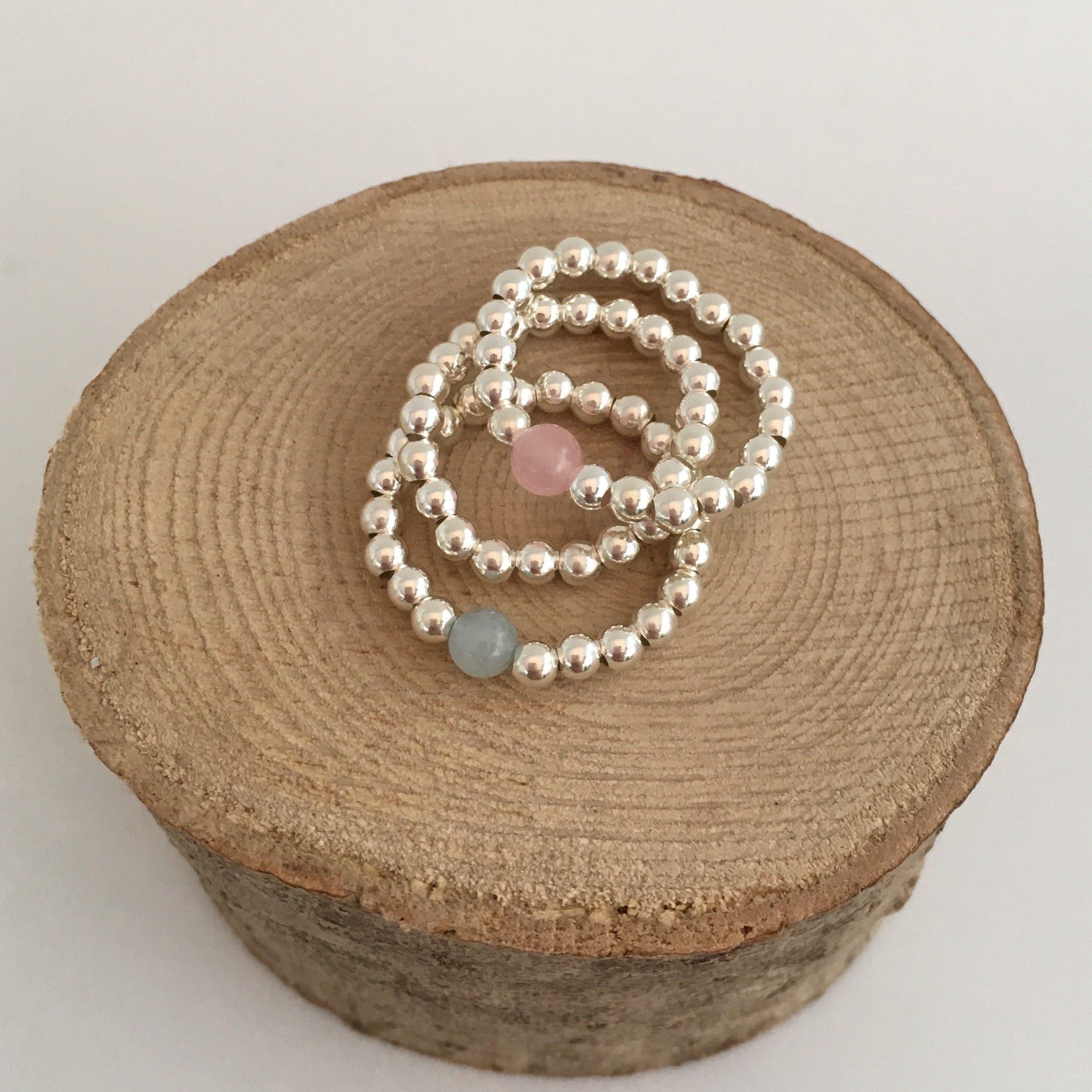 Sterling Silver Stacking Rings, Elasticated Birthstone Ring, Silver ...