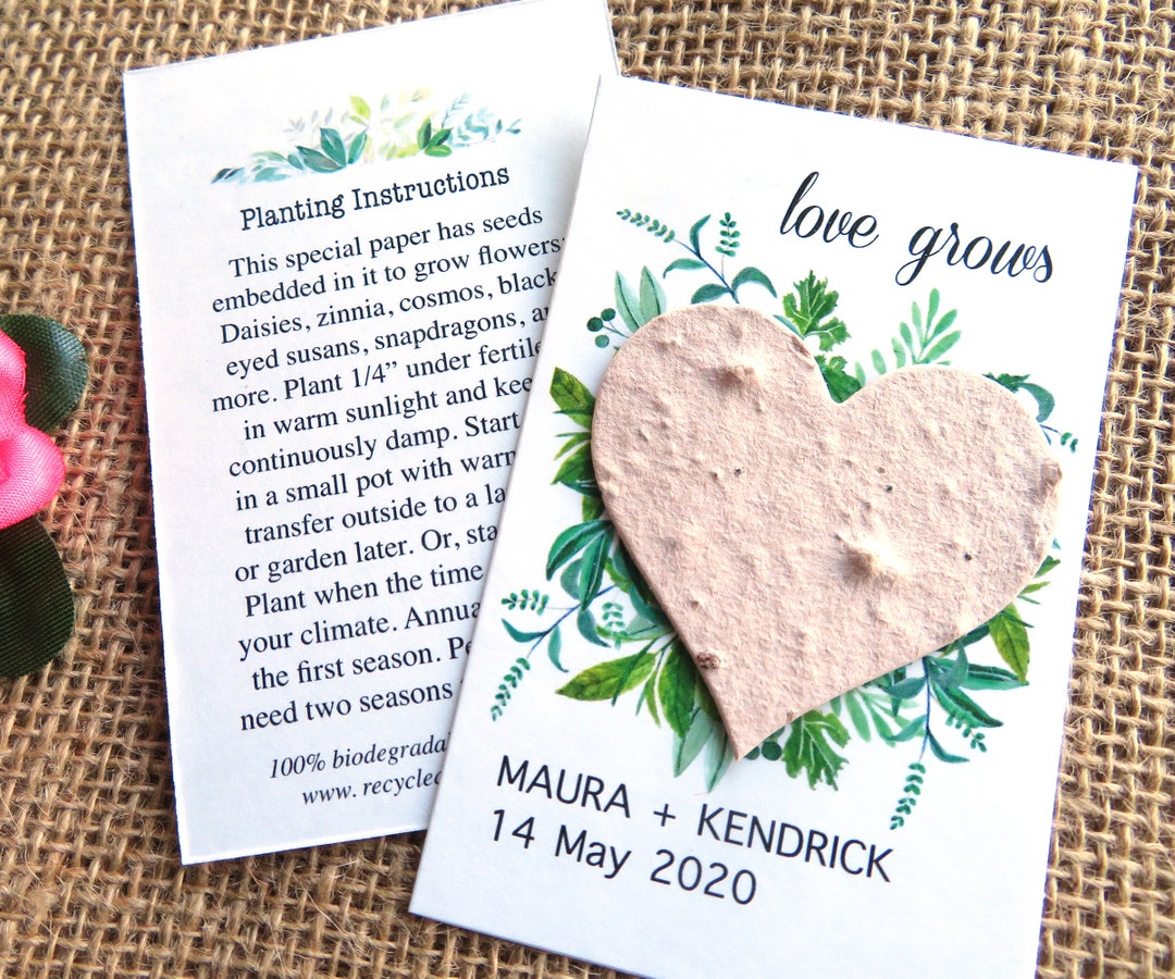 Flower Seed Paper Heart Wedding Favors: Personalized Love Grows Cards ...