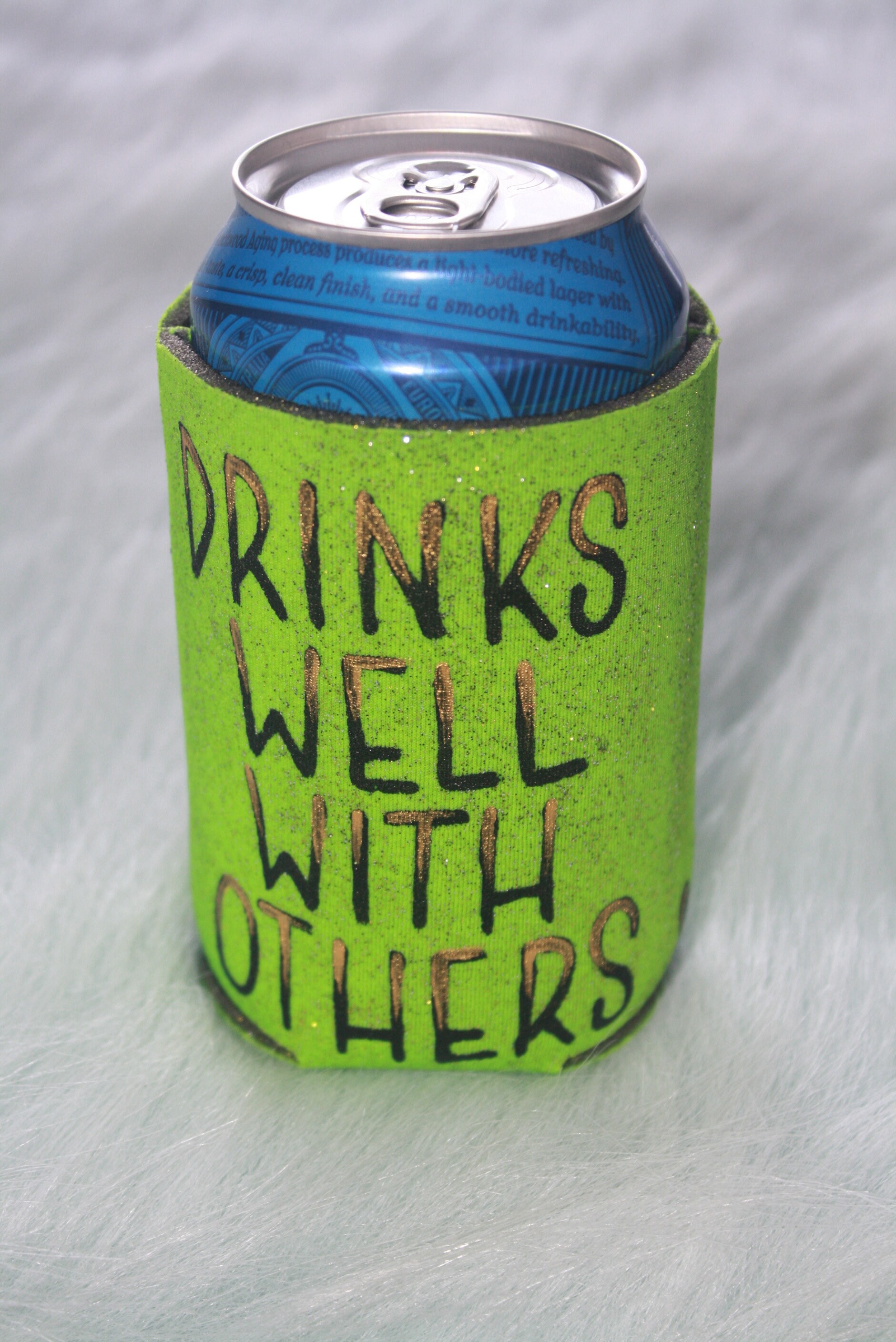 Drinks Well With Others Neon Green Can Hugger With Gold and Black ...
