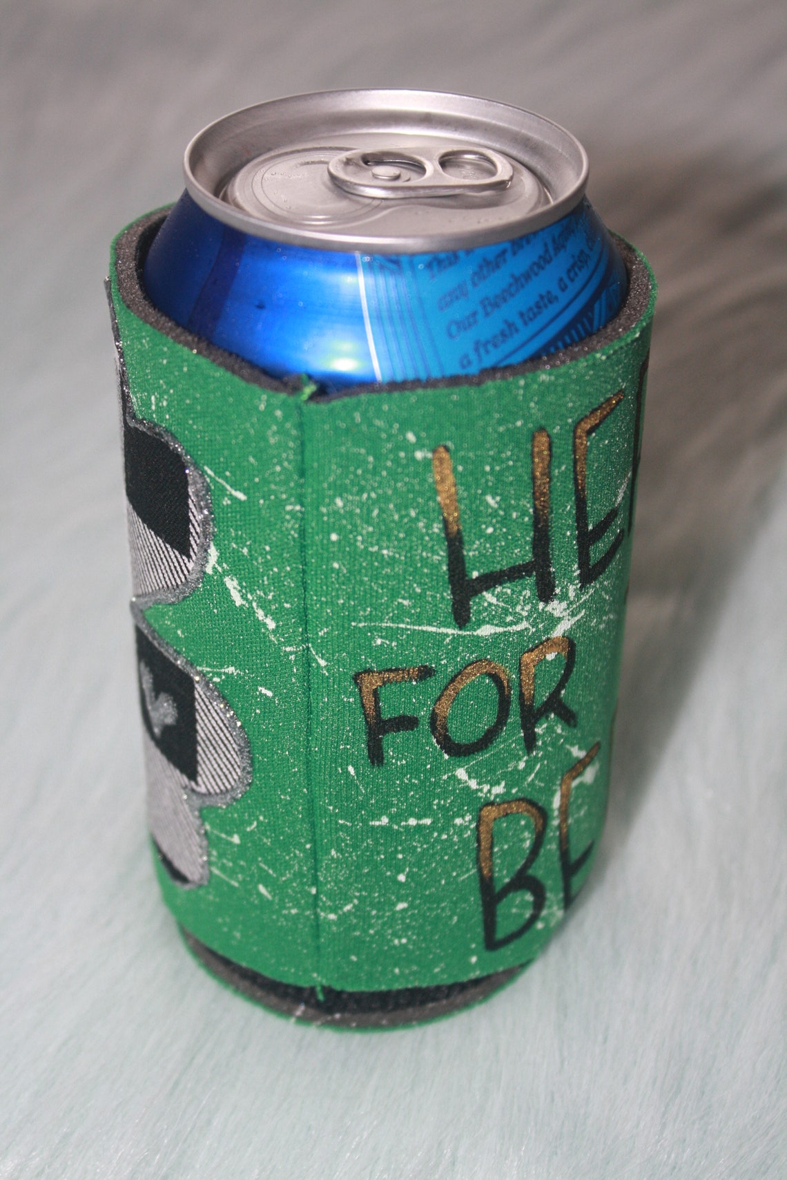 Here for the Beer Green Party Can Hugger with Flannel Shamrock | Etsy