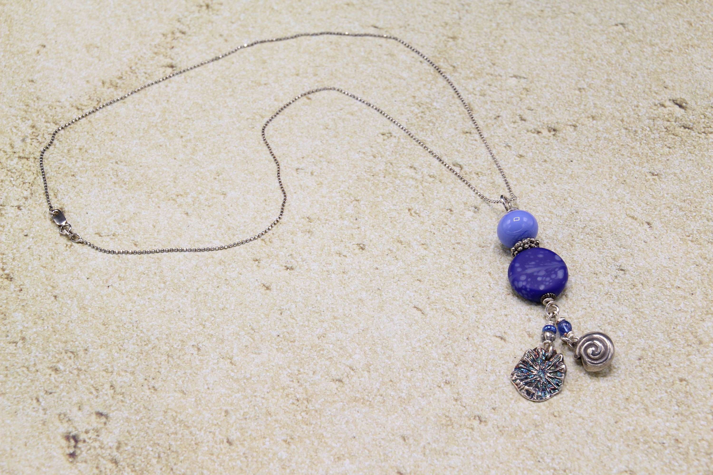 Sterling Silver Shells and Blue Glass Bead Pendant, on Fine Linked ...