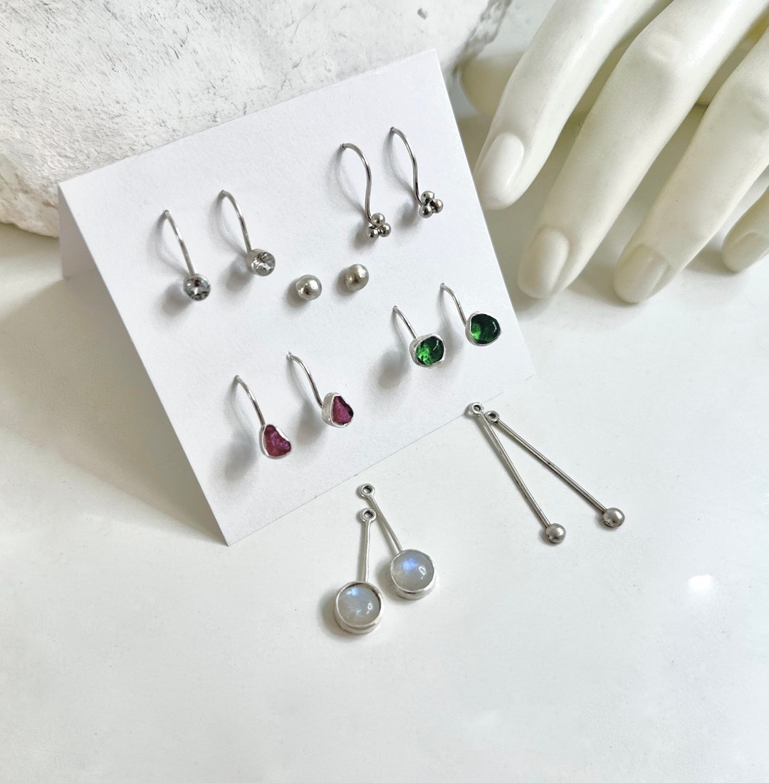 Minimalist Interchangeable Moonstone Earring Set, Sensitive Ear Drop ...