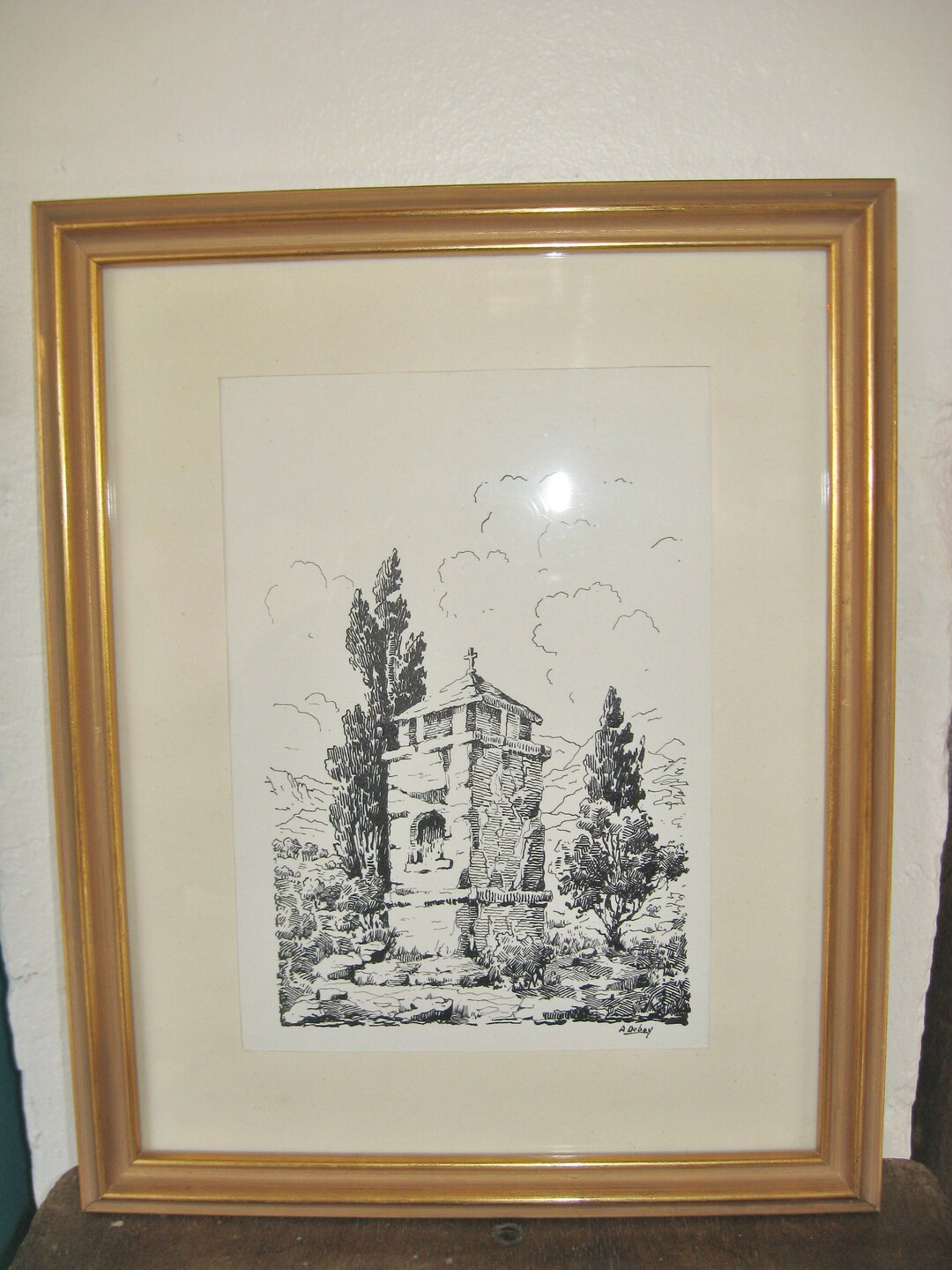Original Ink Pen Drawing, French Architecture Religious Edifice Tower ...