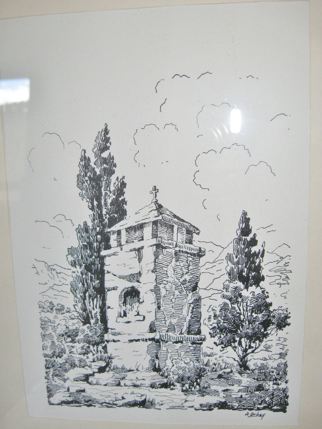 Original Ink Pen Drawing, French Architecture Religious Edifice Tower ...