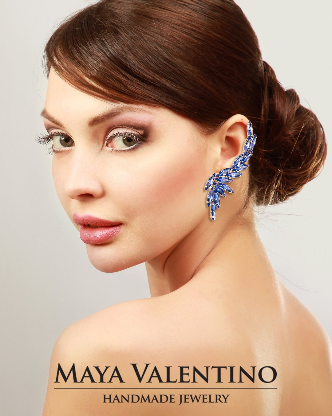 Royal Blue Ear Cuff Earrings, Sapphire Blue Bridal Ear Climber Earrings ...