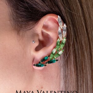 Green Crystal Ear Cuff Earrings, Wedding Jewelry, Ear Crawler Earrings ...