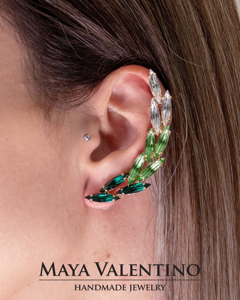 Green Crystal Ear Cuff Earrings Wedding Jewelry Ear Crawler | Etsy