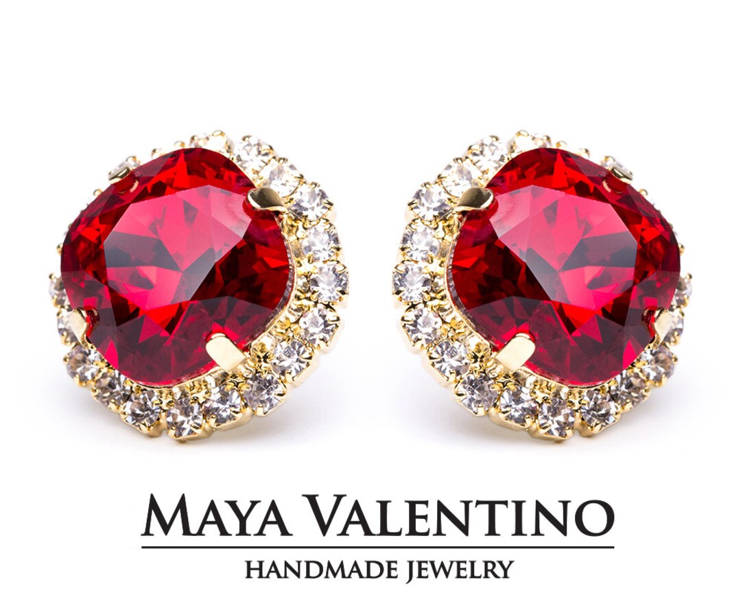 Ruby Red Earrings, Swarovski Red Stud Earrings, Red Ruby Bridesmaid ...
