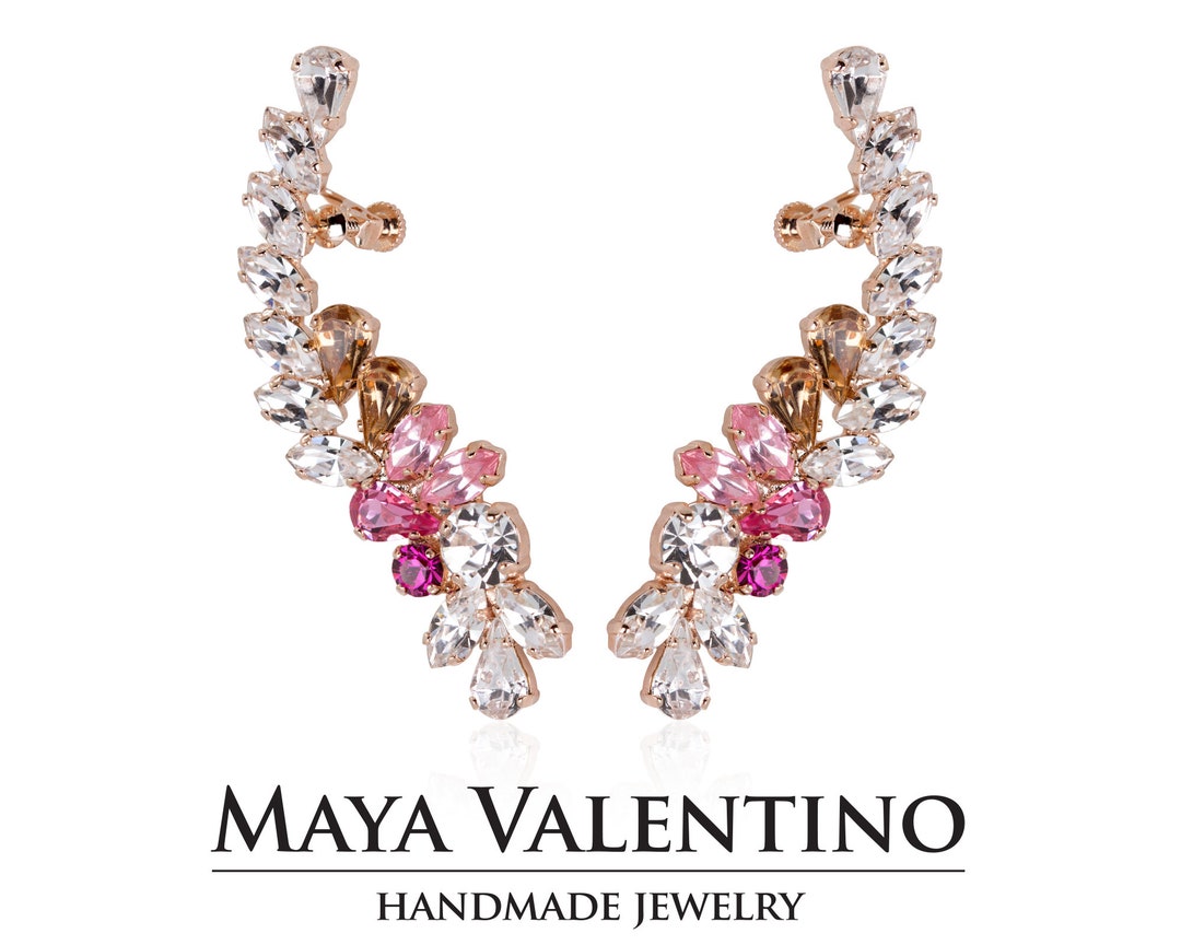 Pink Bridal Earrings, Pink Ear Cuff, Bridal Ear Climber, Swarovski Ear ...