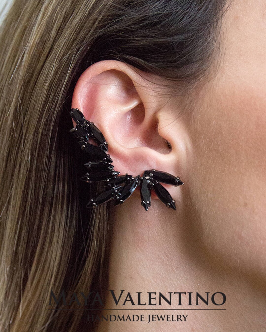 Black Crystal Spiky Earrings, Black Climber Earrings - Etsy