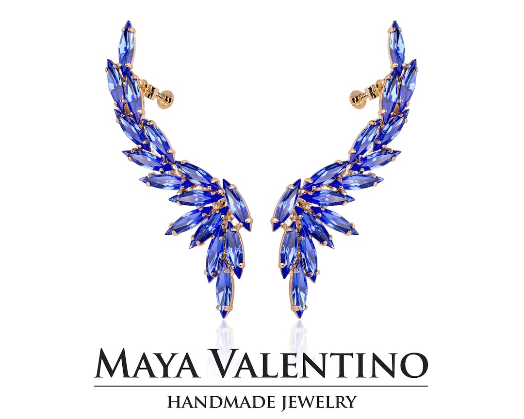 Royal Blue Ear Cuff Earrings, Sapphire Blue Bridal Ear Climber Earrings ...