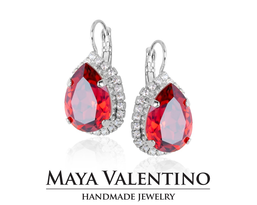 Red Ruby Earrings, Swarovski Crystal Pear Dangle Earring, Tear Drop ...