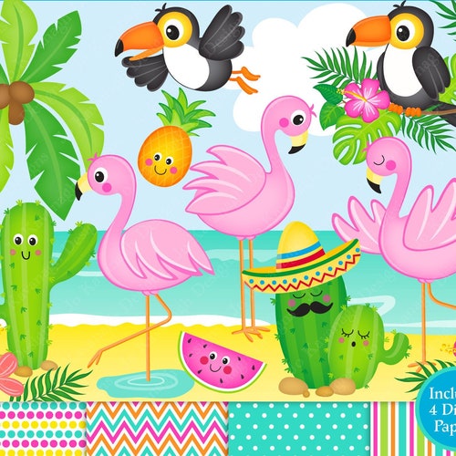 Watercolor Flamingo Clipart Cute Tropical Clip Art Summer - Etsy