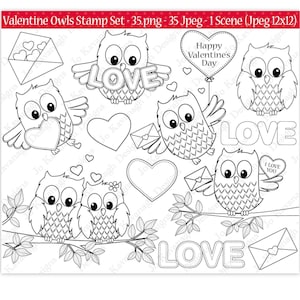 Valentine Digital Stamps,digital Stamps,valentine Owl Digital Stamps ...