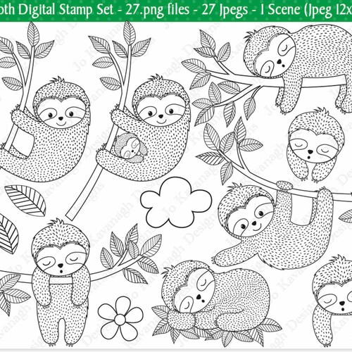 Sloth Digital Stamps Cute Sloth Digital Stamps Sleepy | Etsy