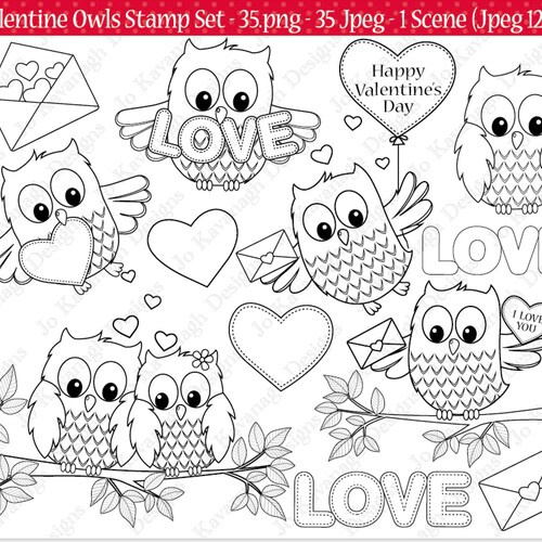 Valentine Digital Stampsdigital Stampsvalentine Owl Digital | Etsy