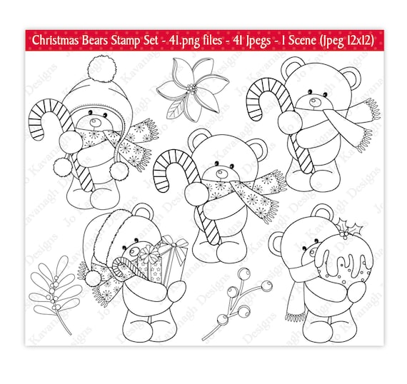 Christmas Teddy Bear Digital Stamps Christmas Stamp Uncoloured Digital ...