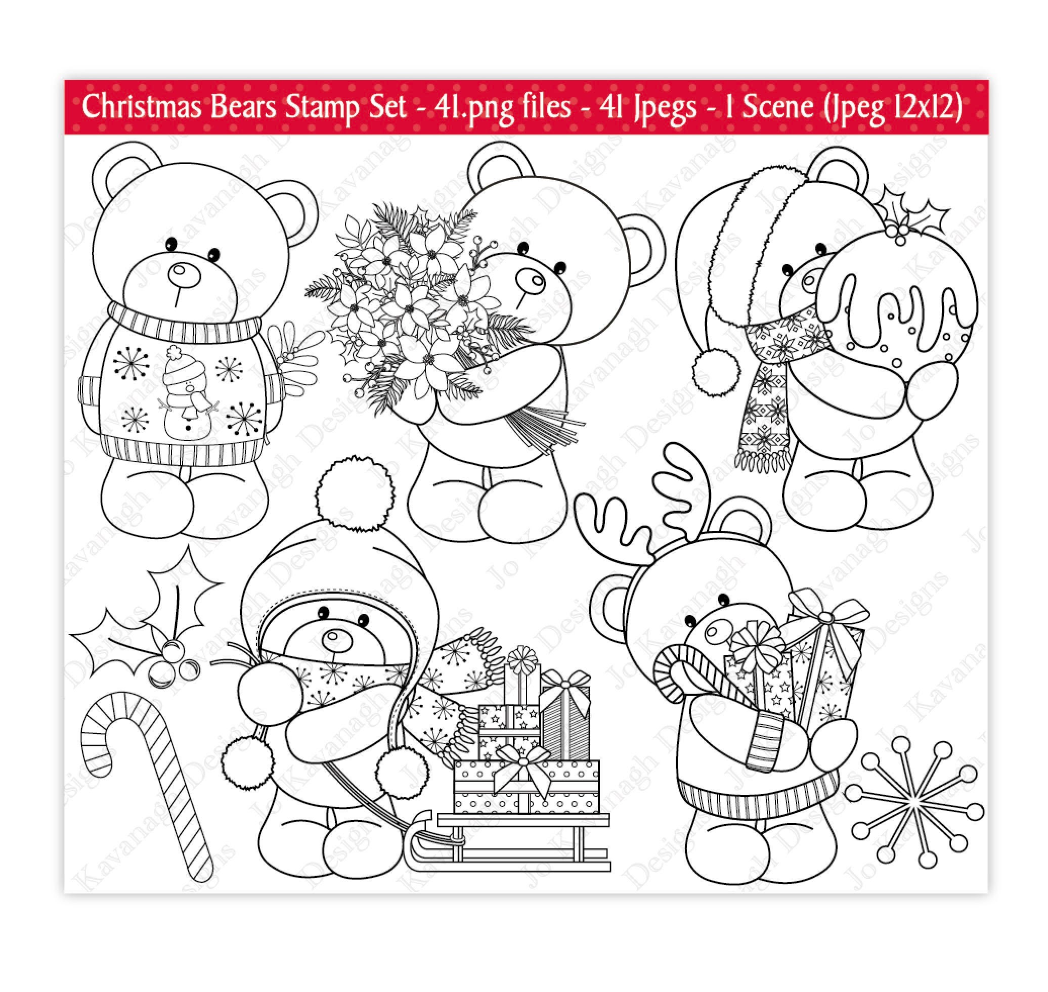 Christmas Teddy Bear Digital Stamps Christmas Stamp Uncoloured Digital ...