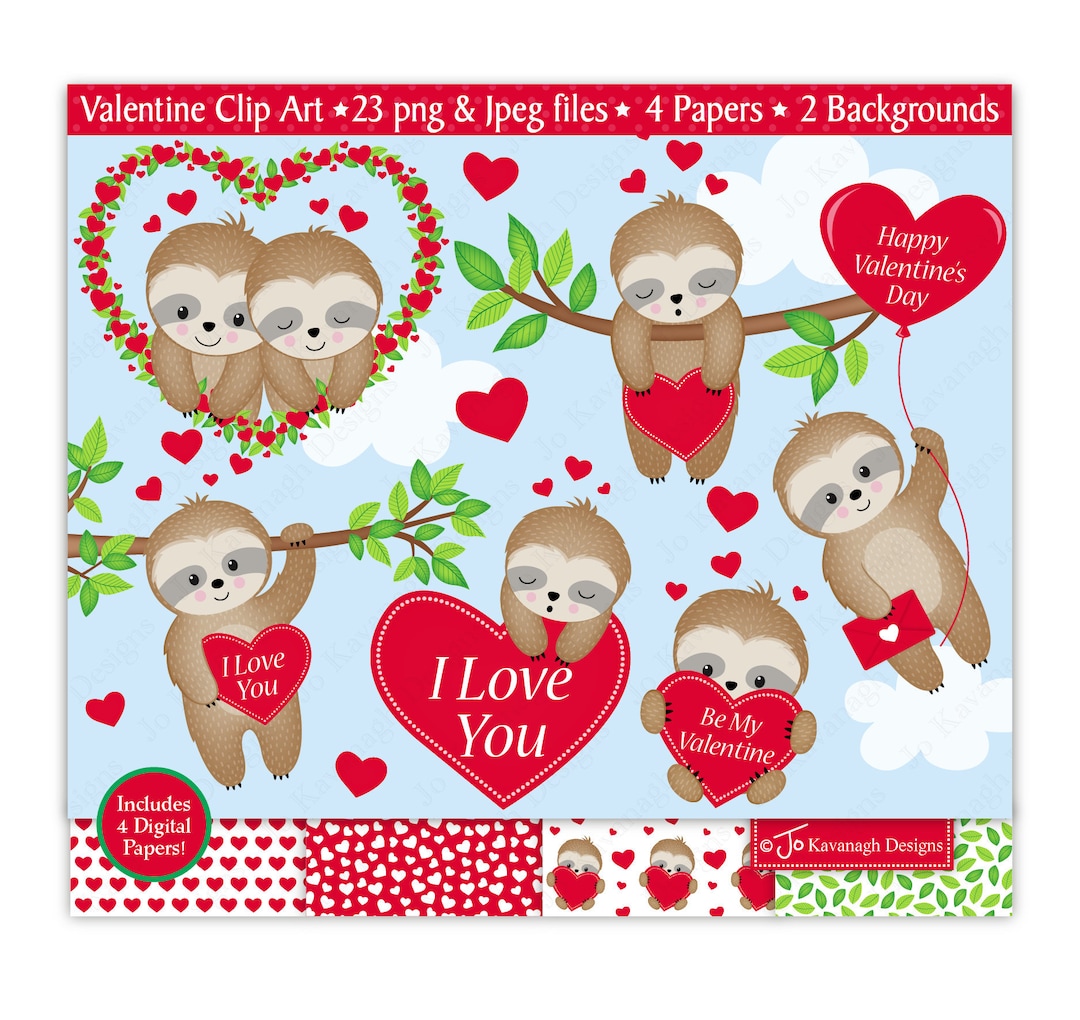 Valentine Clipart, Sloth Clipart, Valentines Day Clipart, Valentine ...