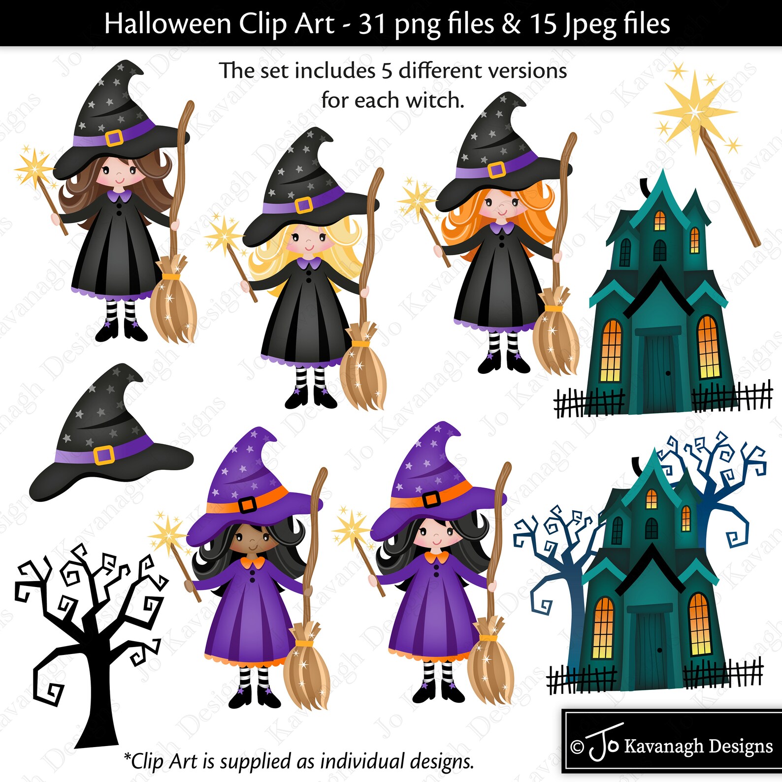 Halloween Witch Clipart Black Cat Illustrations Haunted - Etsy