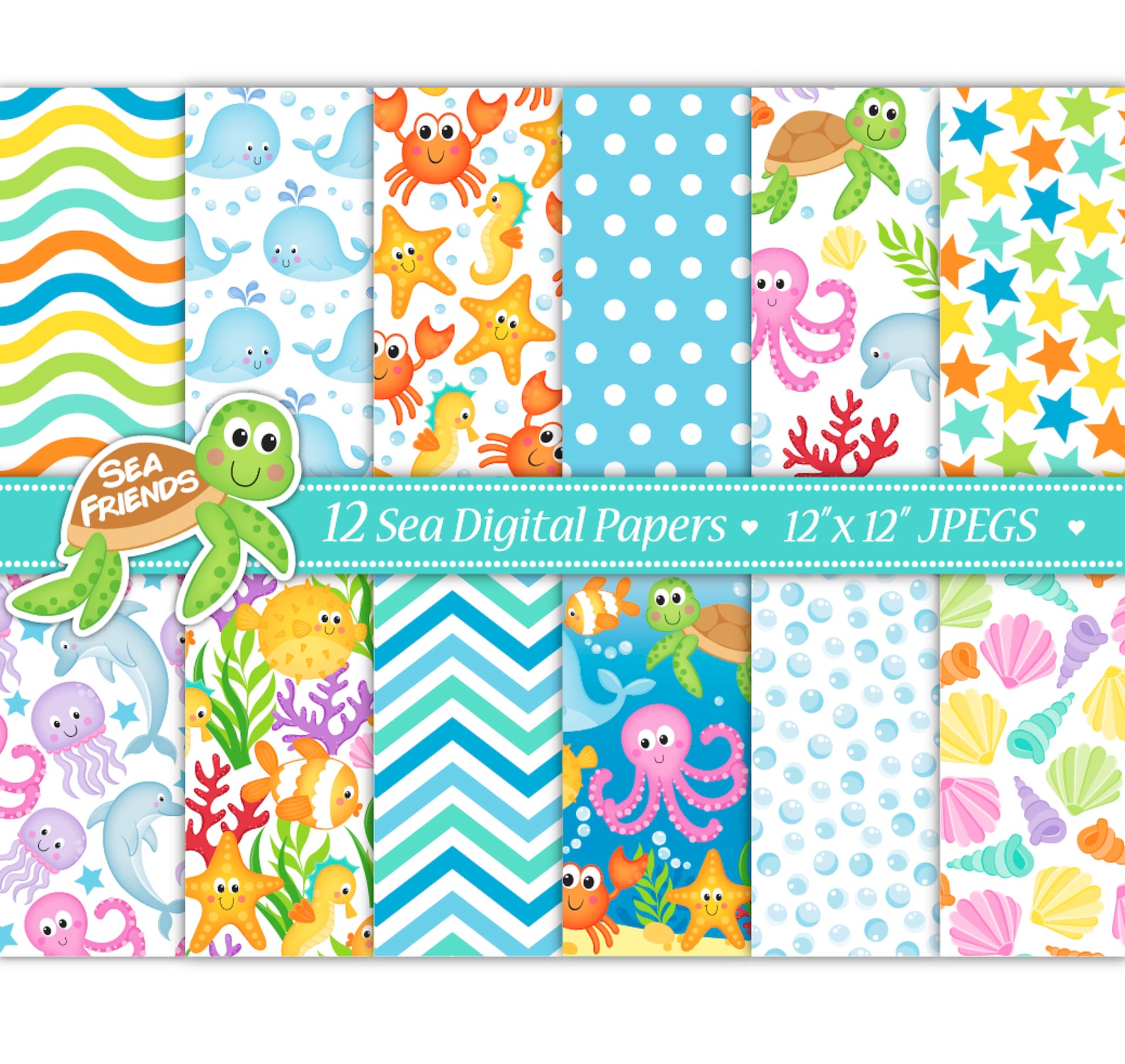 Sea Animals Digital Paper Set,under the Sea Digital Paper Set,ocean ...