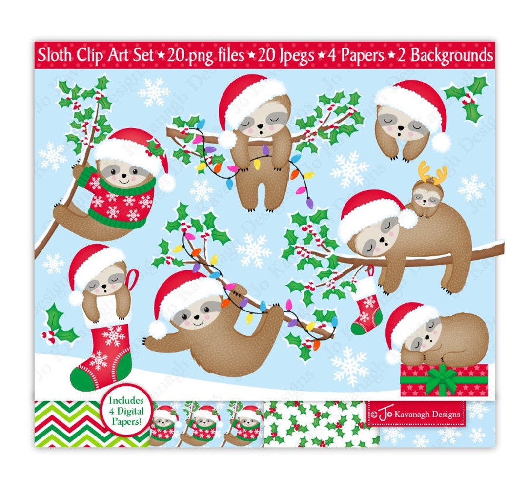 Christmas Sloth Clipart, Cute Christmas Sloth, Sleepy Sloths, Christmas ...