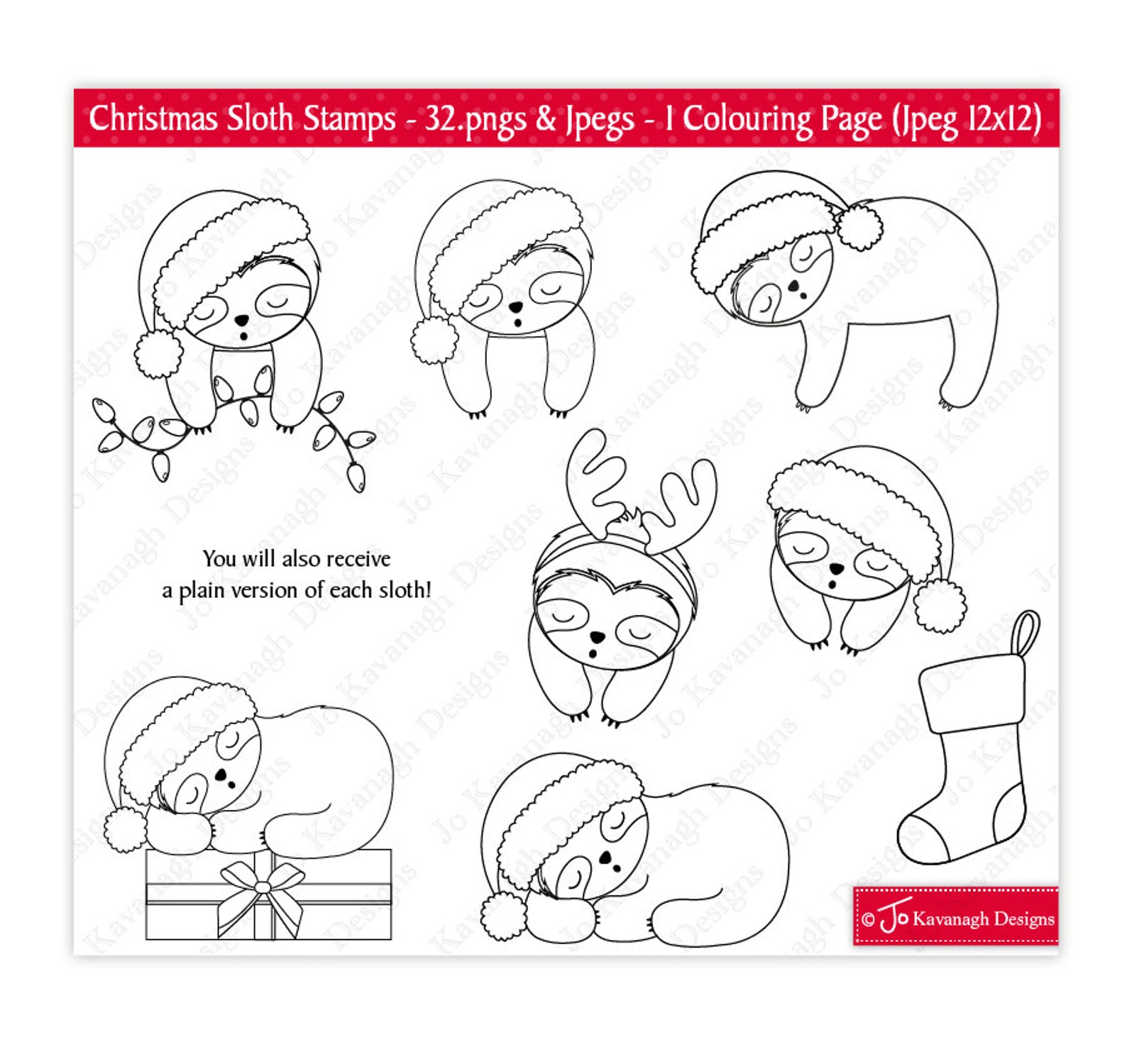 Christmas Sloth Digital Stamps Christmas Cute Sloth Digital | Etsy