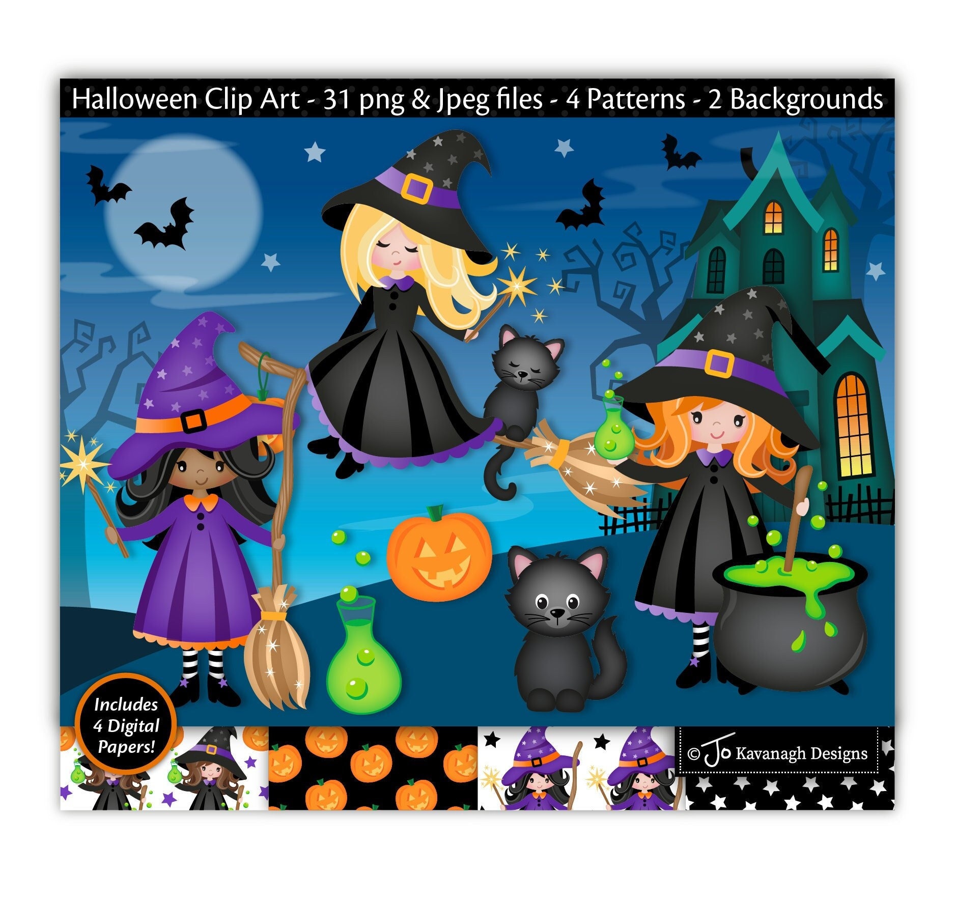 Halloween Witch Clipart Black Cat Illustrations Haunted - Etsy