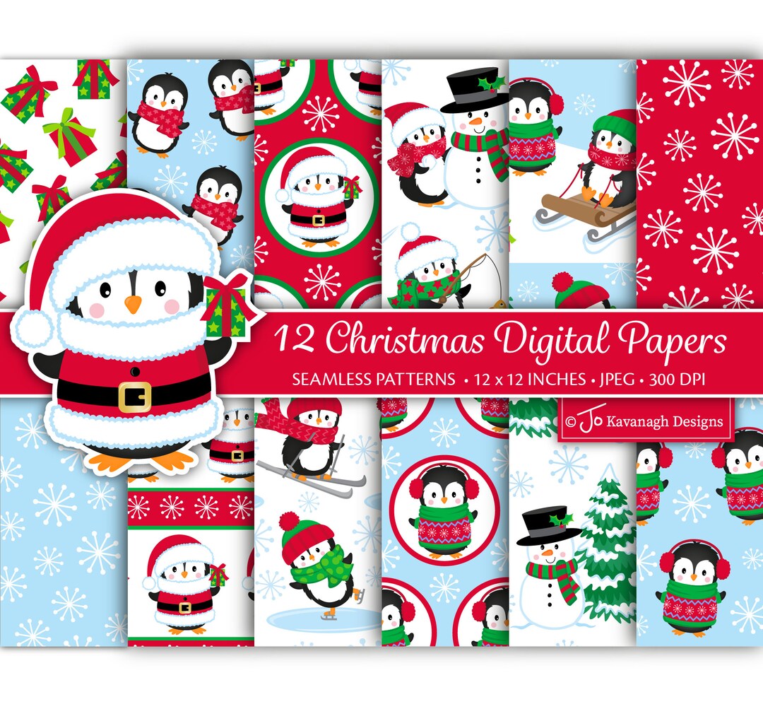Christmas Penguins Digital Paper, Christmas Patterns, Cute Penguins ...