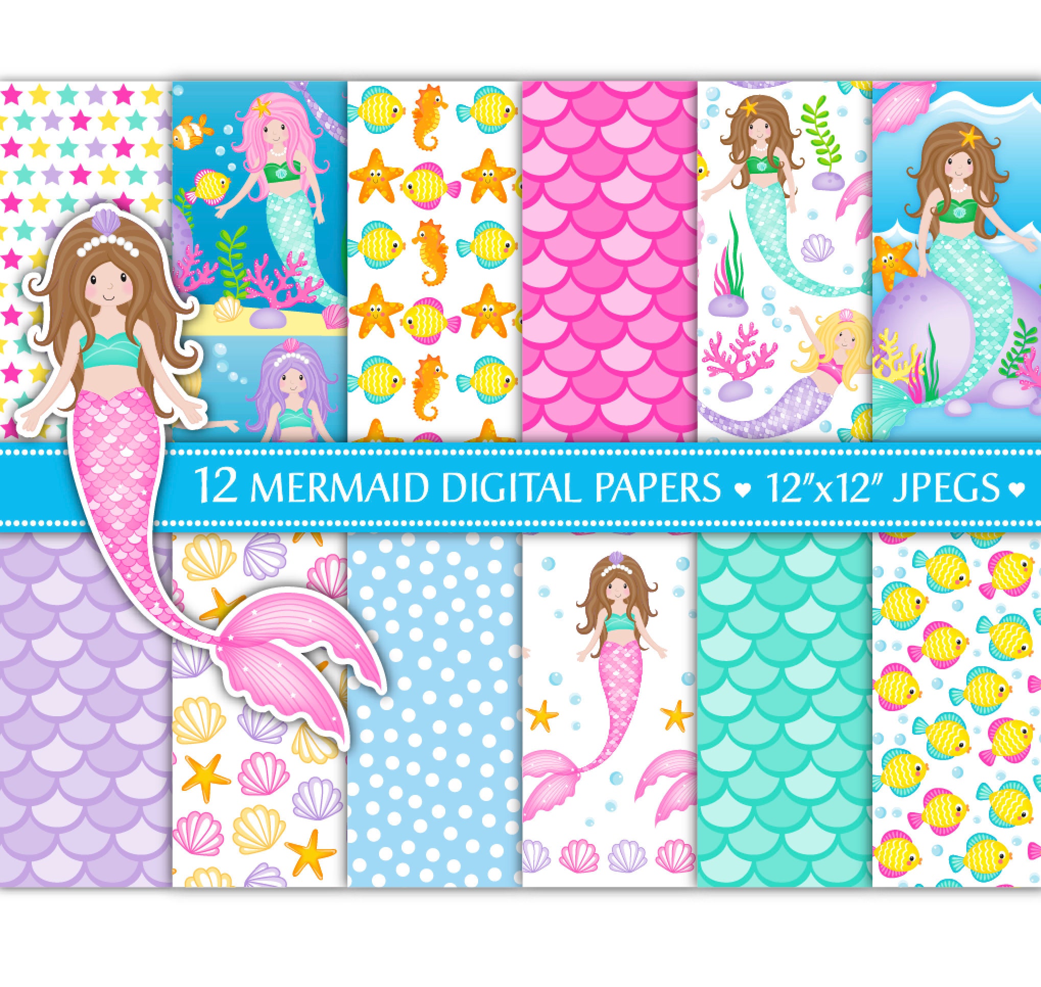 Papeles digitales de sirena: Papel para álbum de recortes bajo el mar ...
