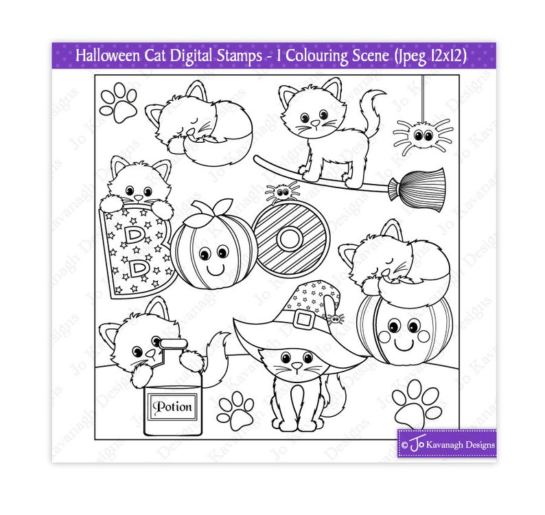 Halloween Digital Stamps, Halloween Cat Digital Stamps, Cat Digital ...