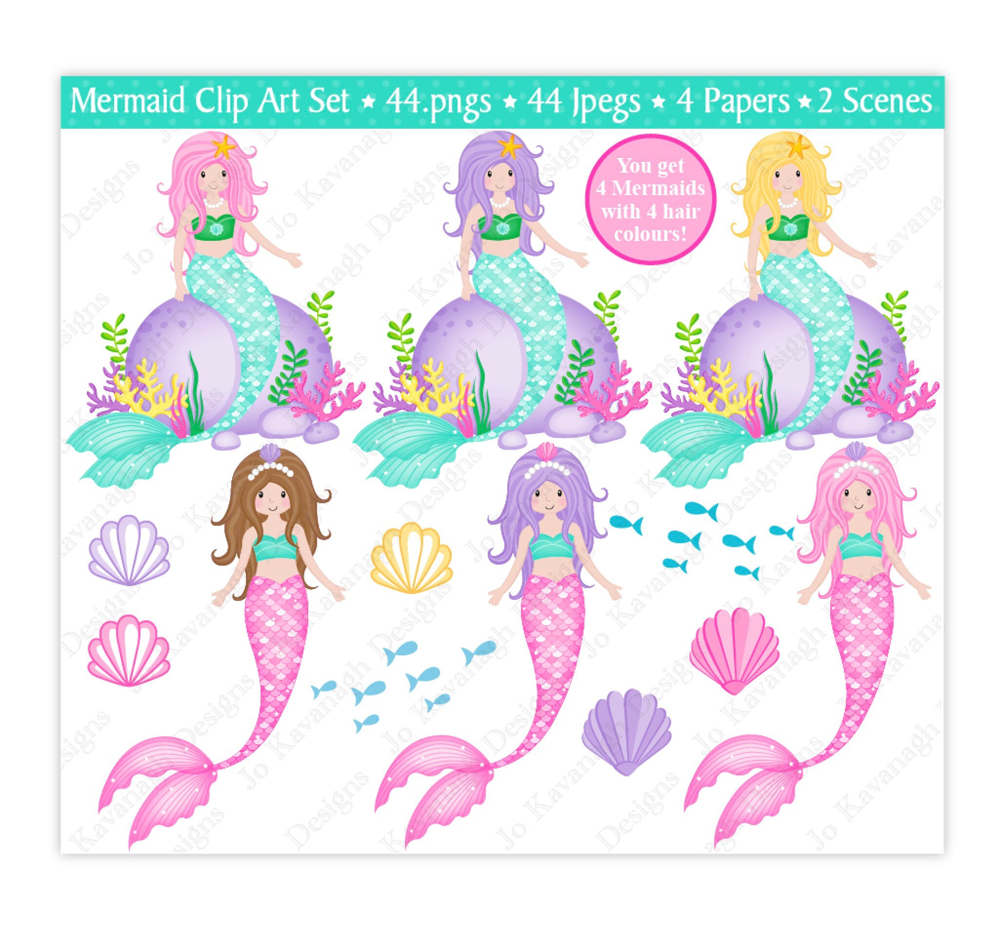 Mermaids Clipart & Digital Papers Setmermaid Clip Artunder | Etsy