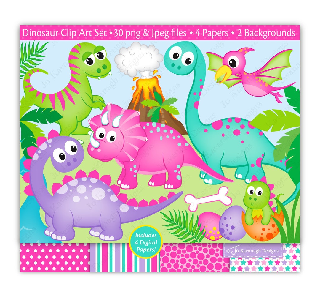 Dinosaur Clipart & Digital Paper, Girl Dinosaurs Clipart, Pink Dinosaur ...