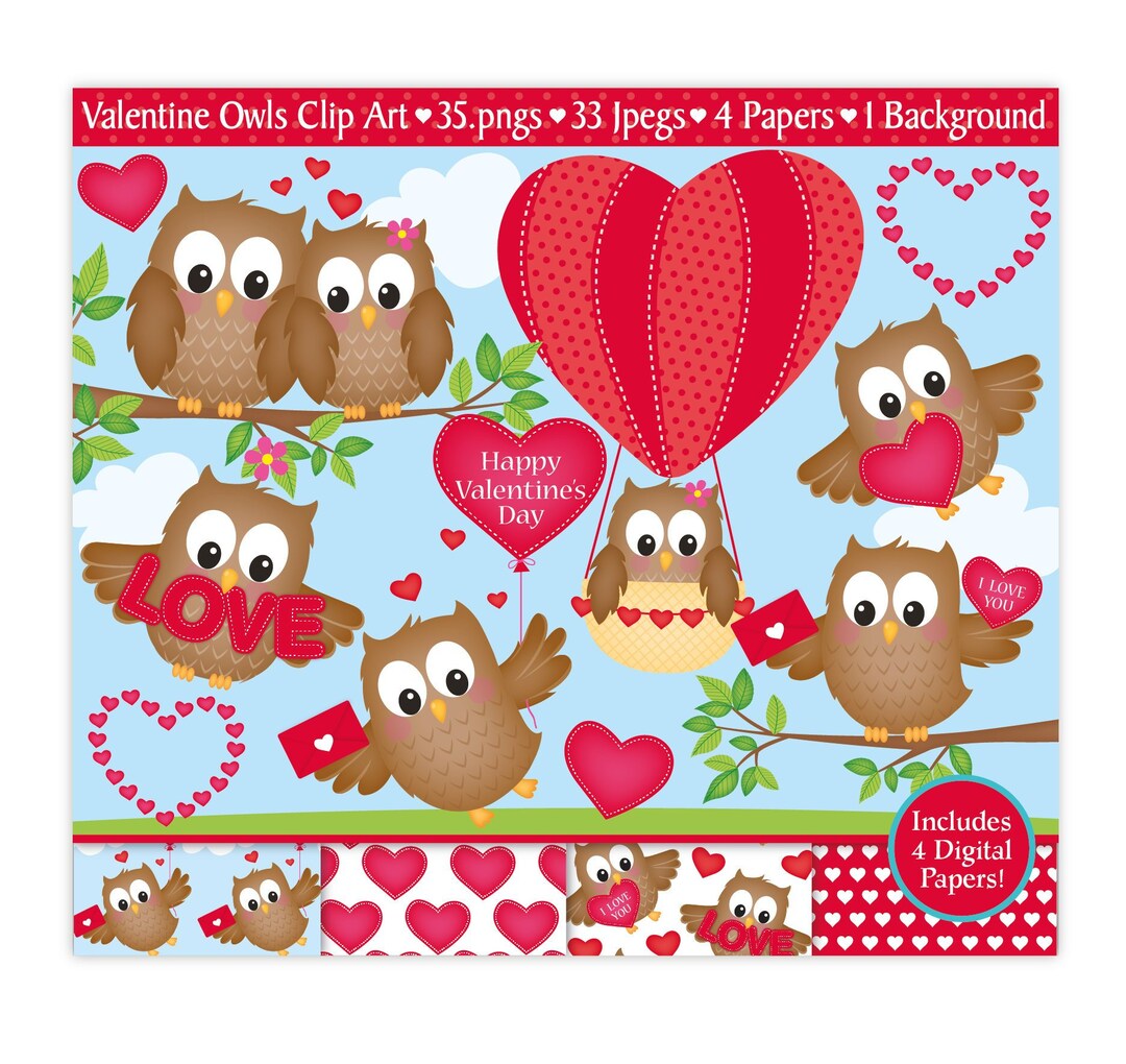 Valentine Clipart,valentine Digital Papers,valentine Owls Clip Art,owl ...