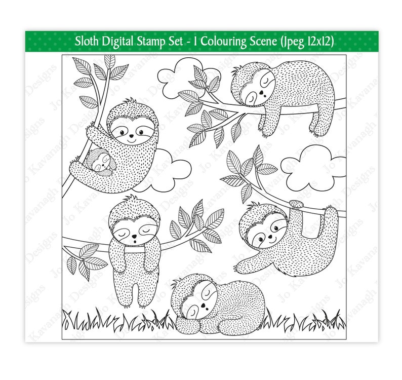 Sloth Digital Stamps, Cute Sloth Digital Stamps, Sleepy Sloths, Sloth ...